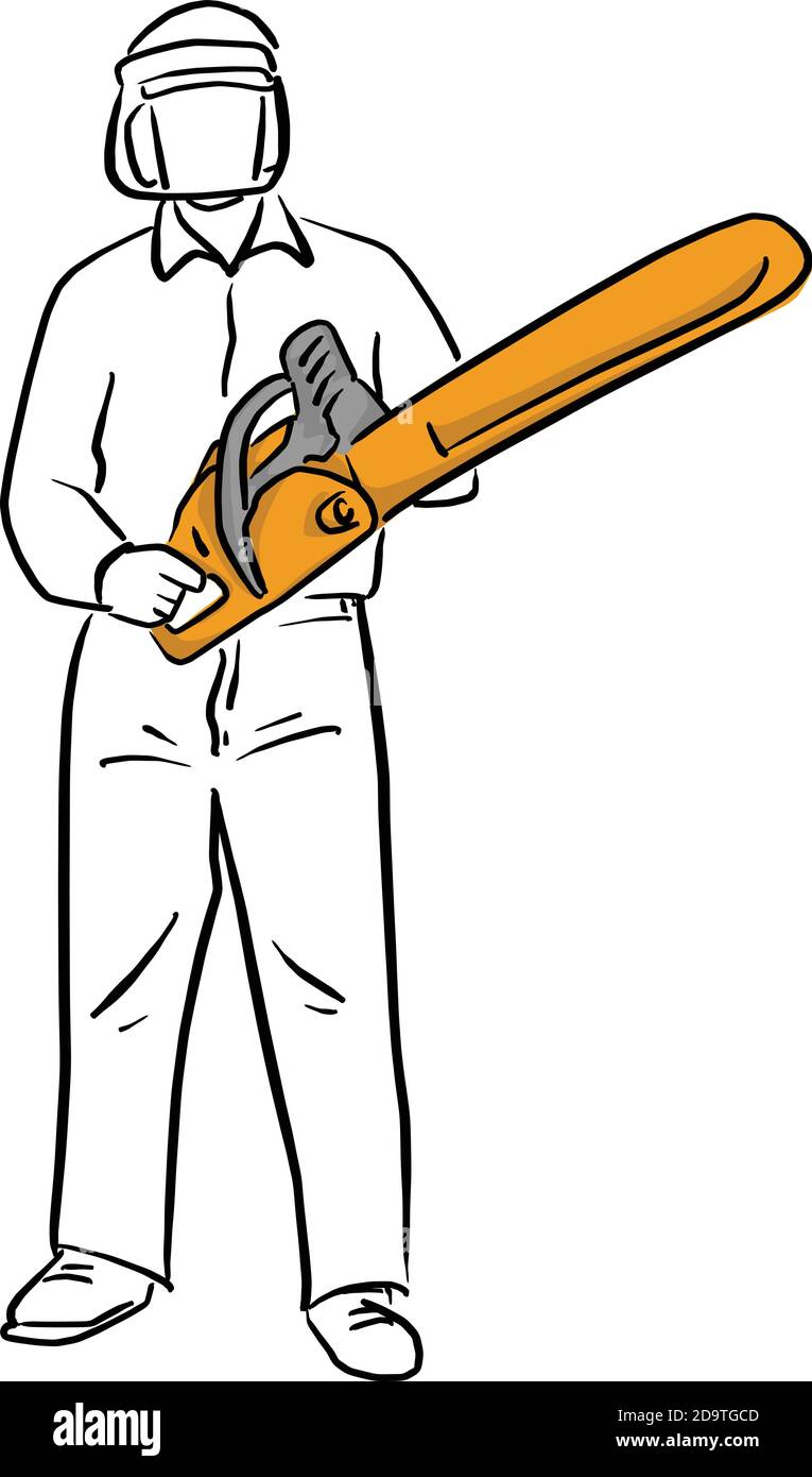 man holding chainsaw with safety vector illustration sketch doodle hand ...
