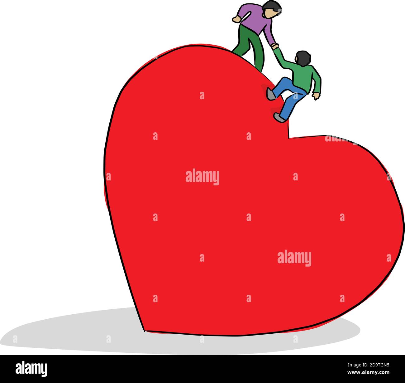 man helping his friend to climb on big red heart shape vector ...