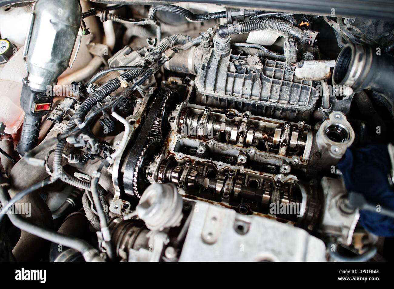 Car repair and maintenance theme. Open hood engine in auto service ...