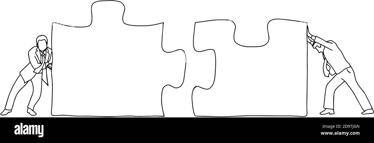 Two businessmen connecting two pieces of jigsaw puzzle together vector ...