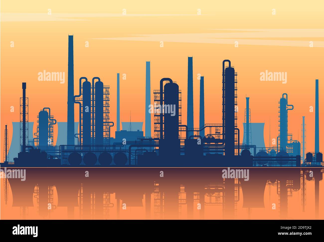 Oil refinery silhouette on sunset background. Vector illustration Stock ...