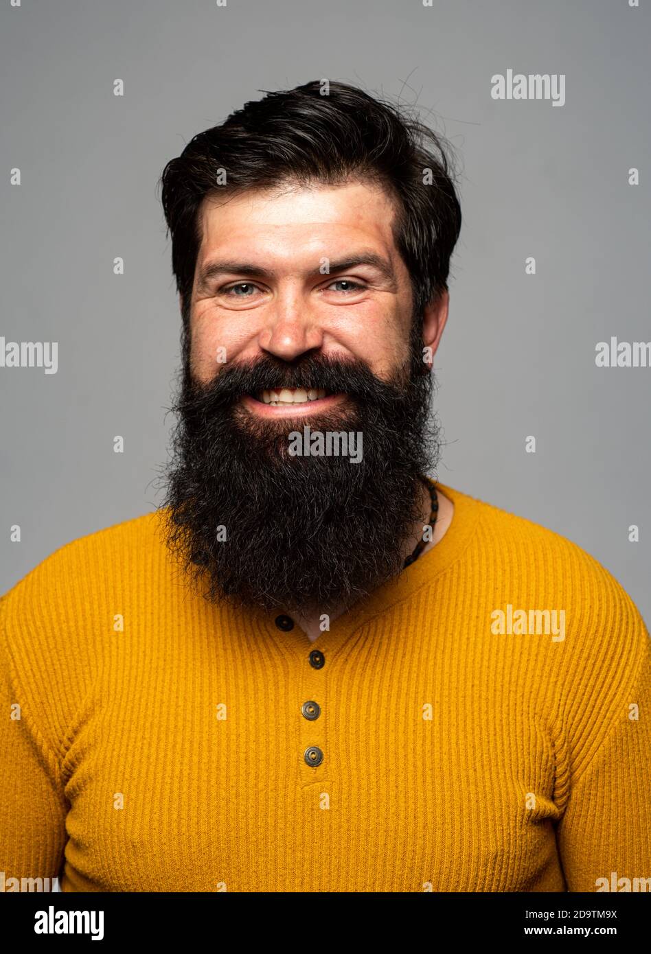 Happy man smile face. Barber with long beard and moustache in ... Happy man smile face. Barber with long beard and moustache in ...