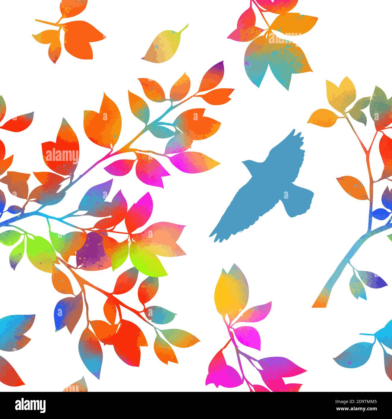Multicolored twigs. A seamless background with flying birds. mixed ...