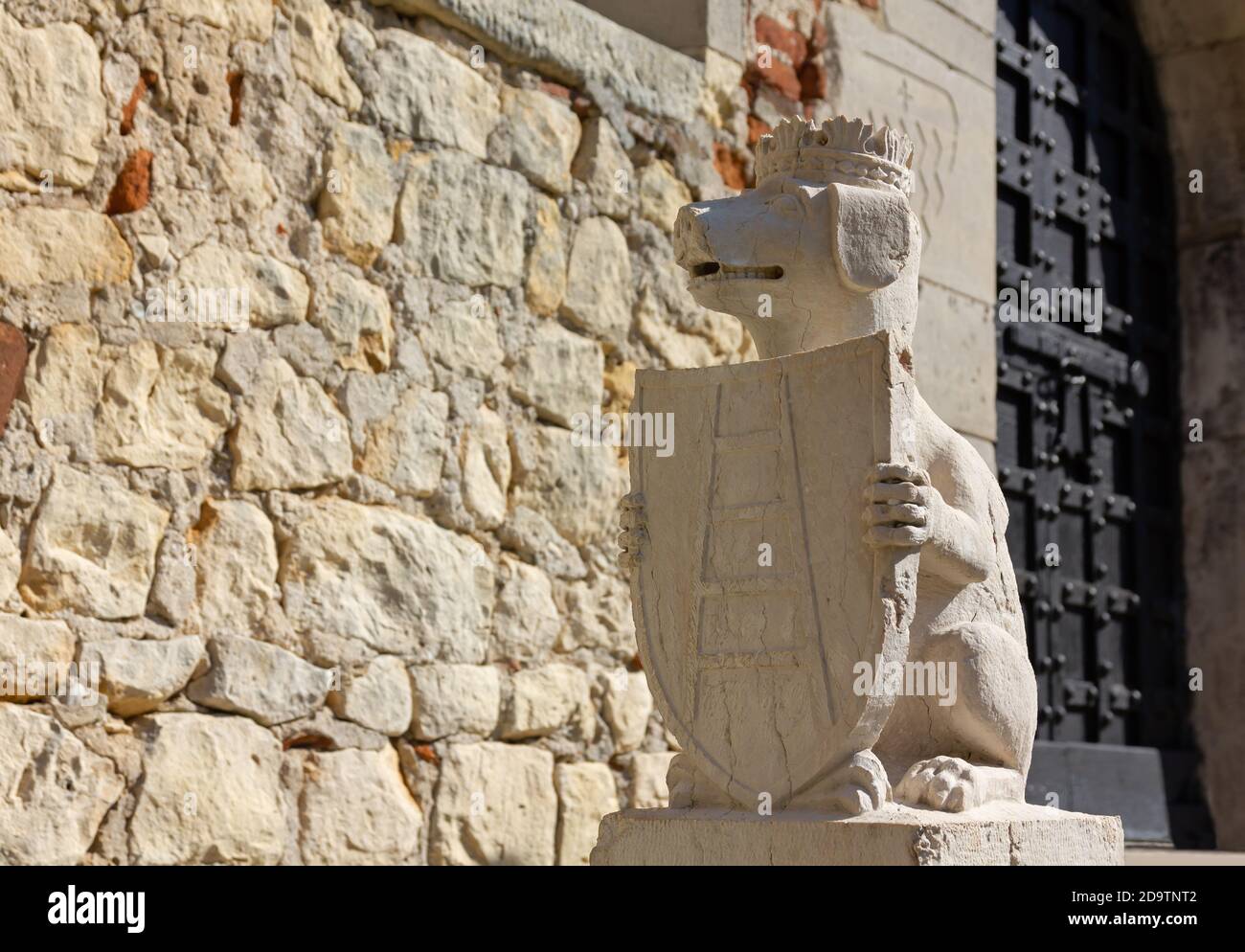 Statue of a crowned dog with a shield with the Della Scala dinasty coat ...