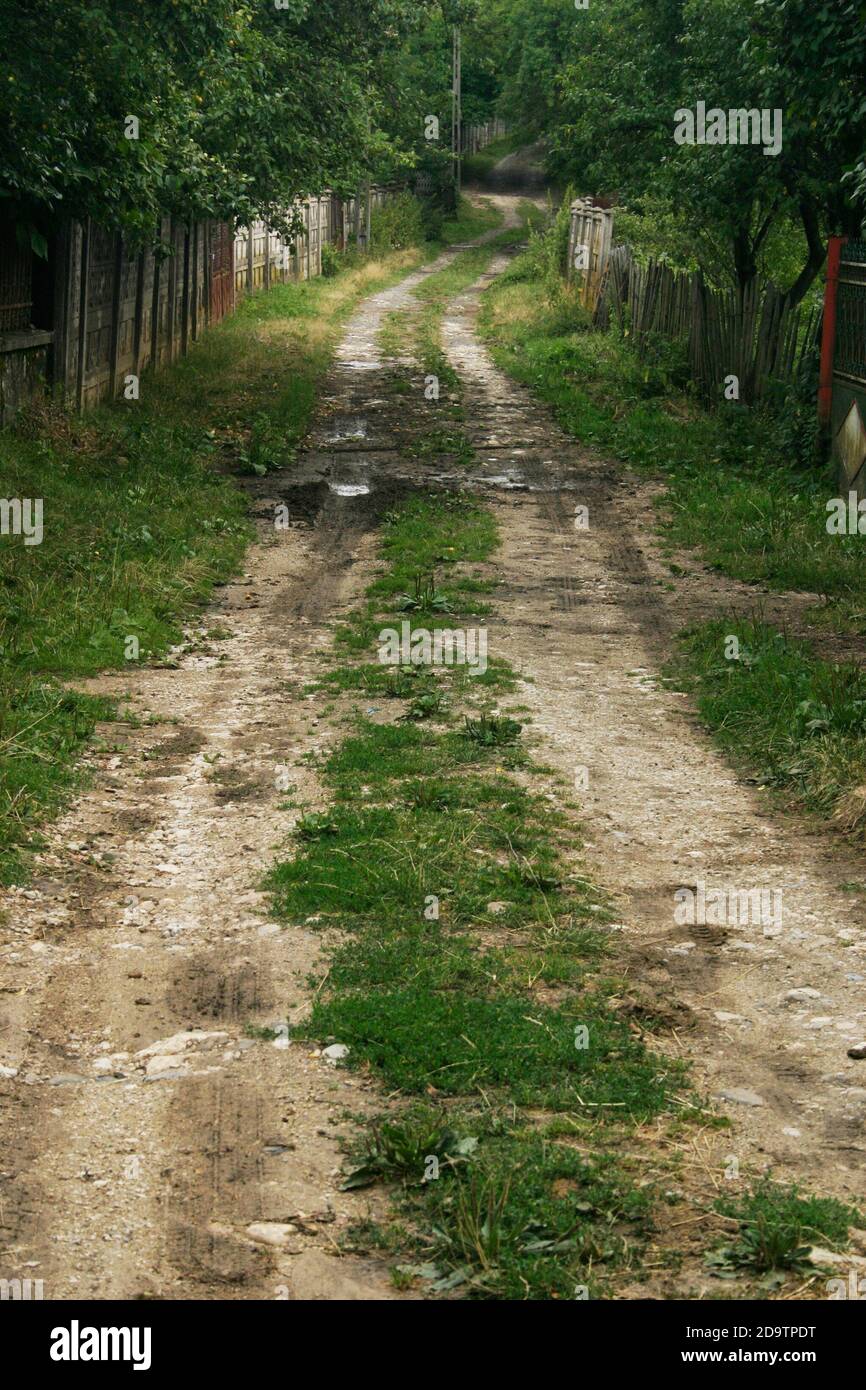 Hunedoara County, Romania. Unpaved country lane between houses in a ...