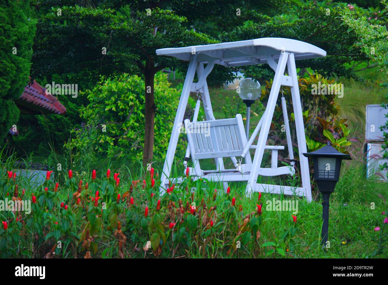 White-colored wooden garden swing in a beautiful garden captured during ...