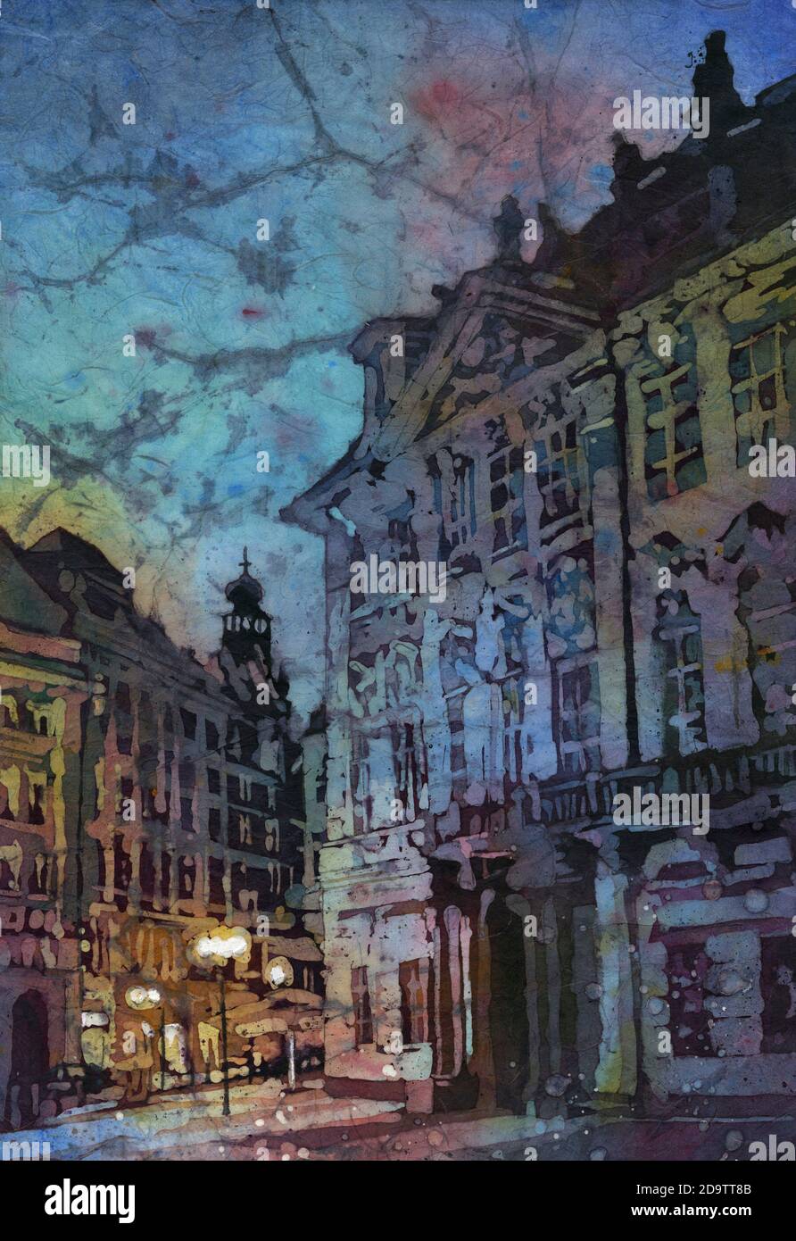 Prague street scene at twilight- watercolor batik painting of city of ...