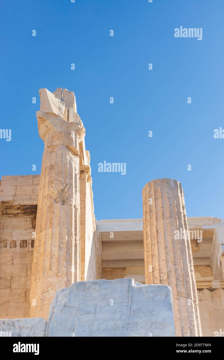 Columns in the Propylaea of the Acropolis in Athens against the blue ...