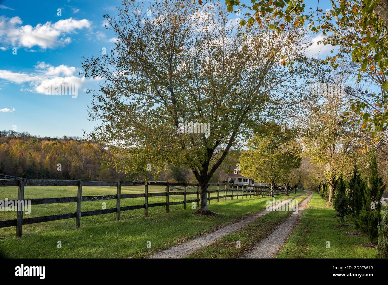 Going home. Entrance road to bucolic farm house in rural Virginia Stock ...