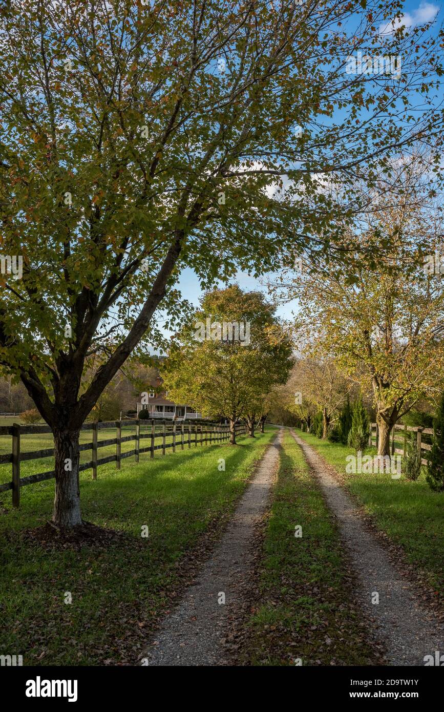 Going home. Entrance road to bucolic farm house in rural Virginia Stock ...