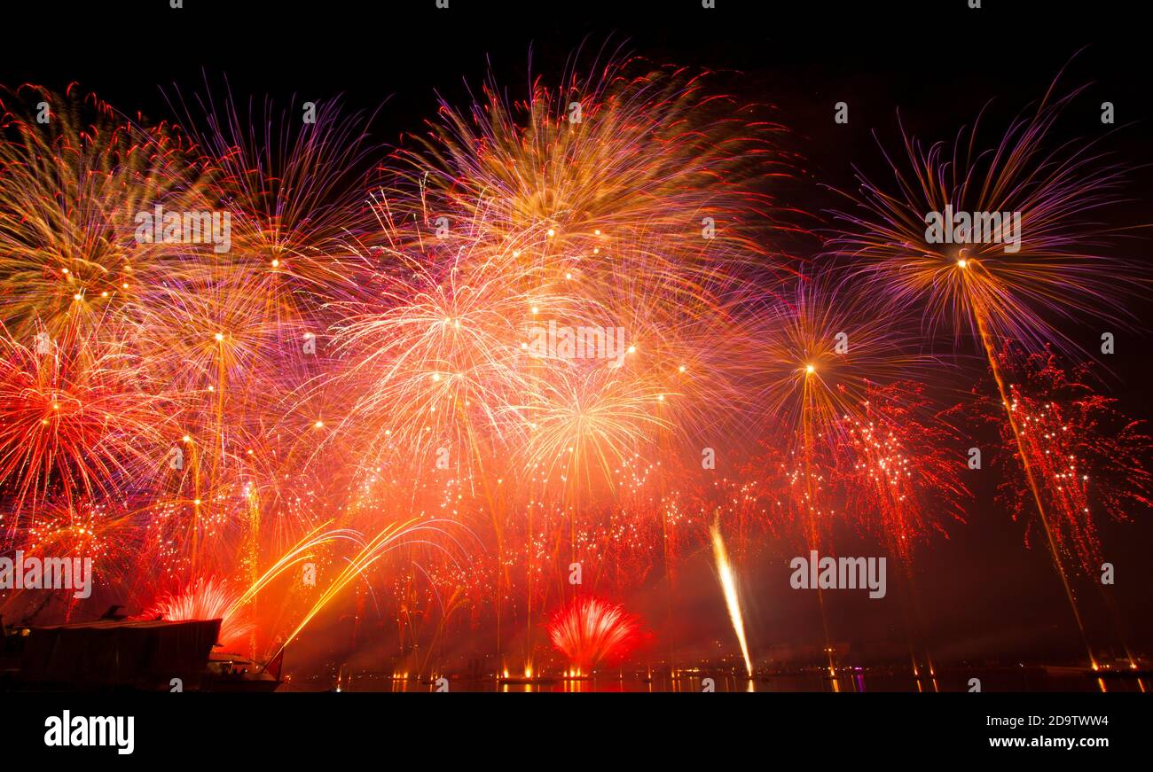 Firework festival, fireworks, New Years Day, music and celebration on ...