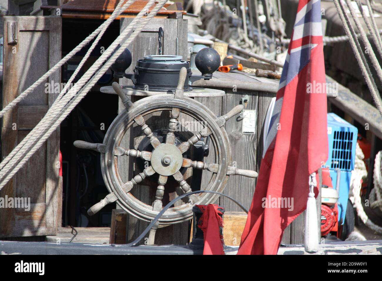 Close up of the wooden ships wheel on Reaper, a preserved Fifie ...