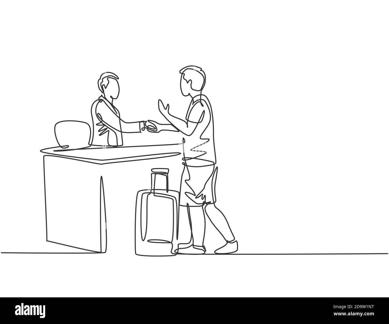 One line drawing of young male tourist handshaking hotel receptionist ...