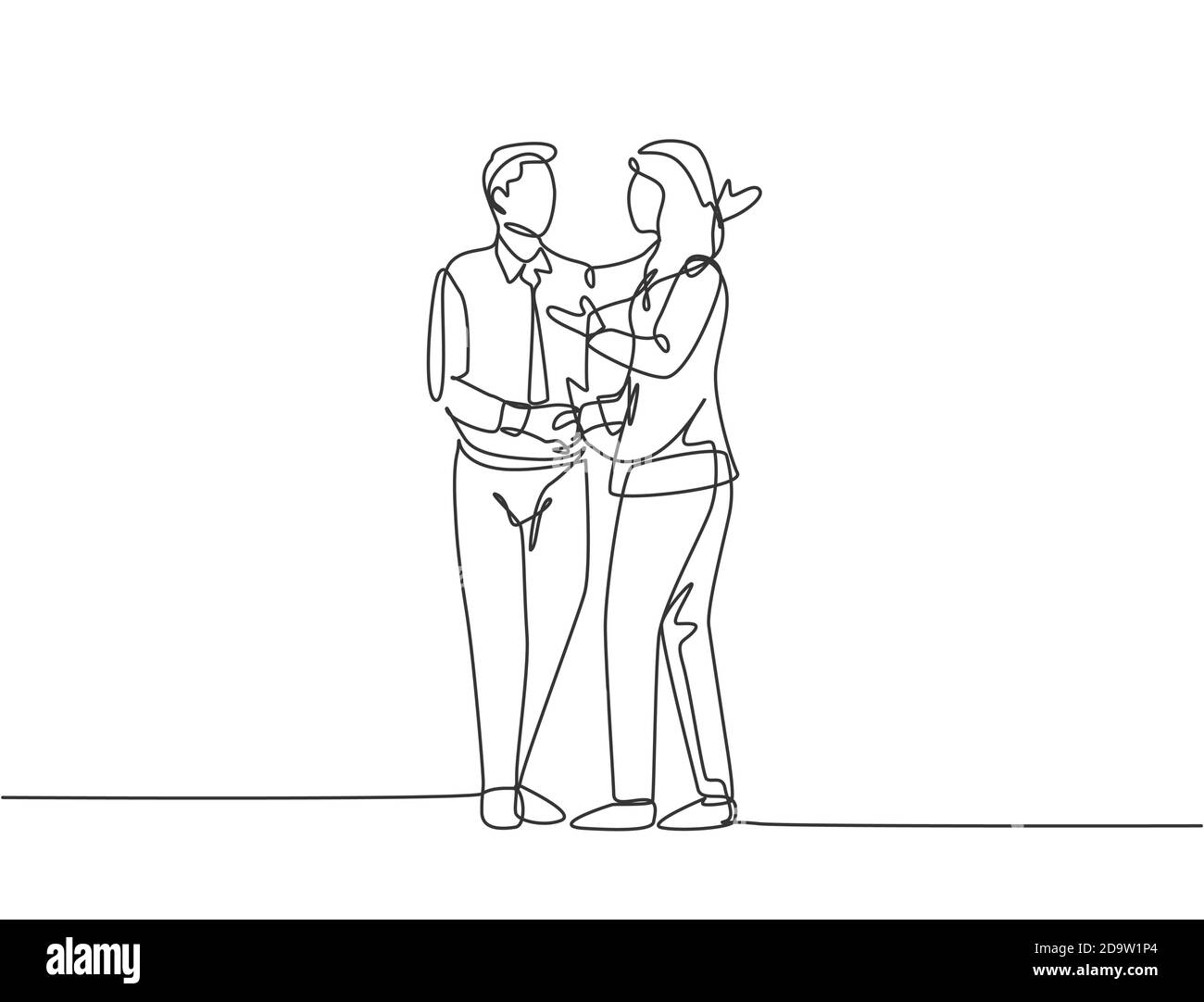 Single line drawing businessmen handshaking his business woman partner ...
