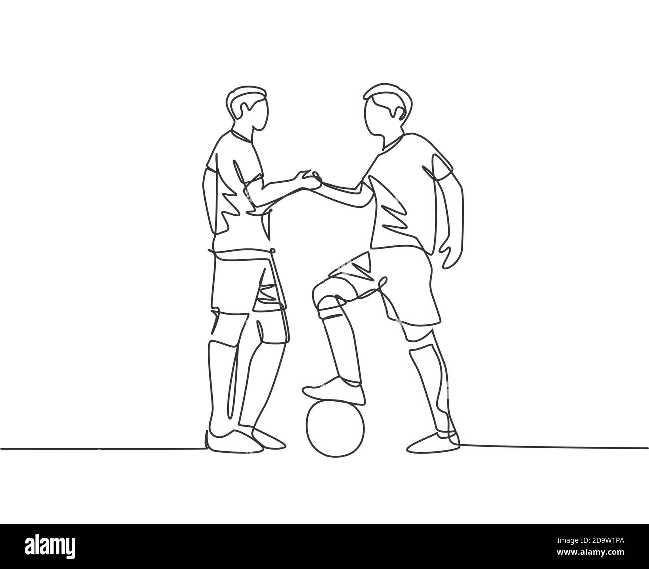 Continuous line drawing of two football player and handshaking to show ...