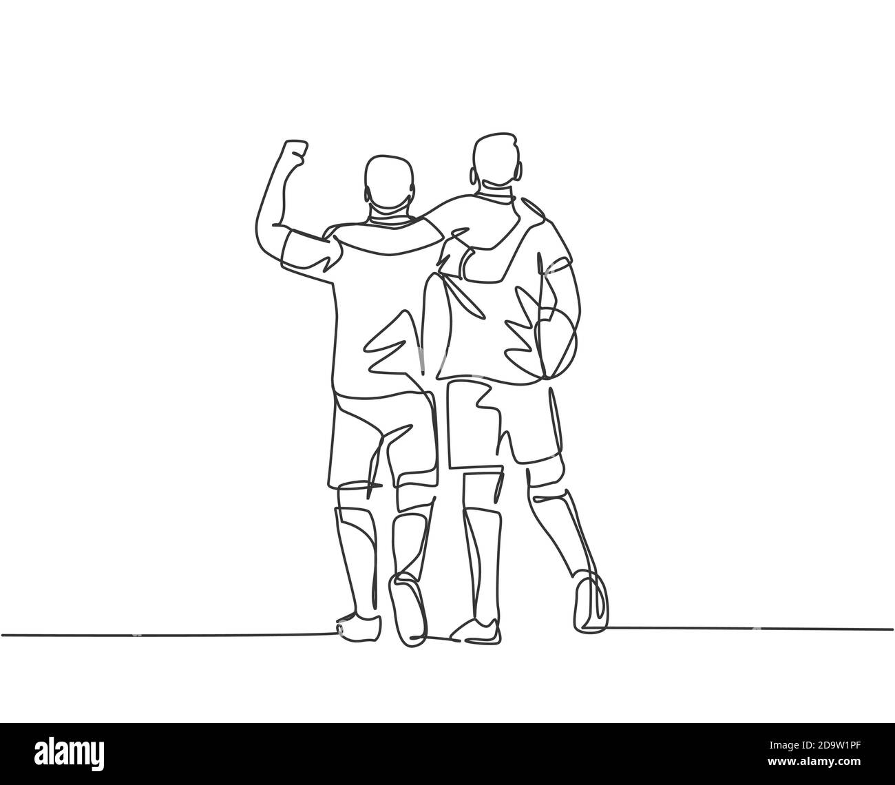 Continuous line drawing of two football player bring a ball and walking ...