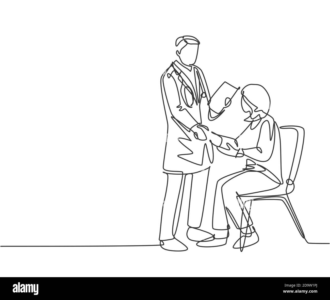 One line drawing of young doctor handshake the patient in hospital to ...