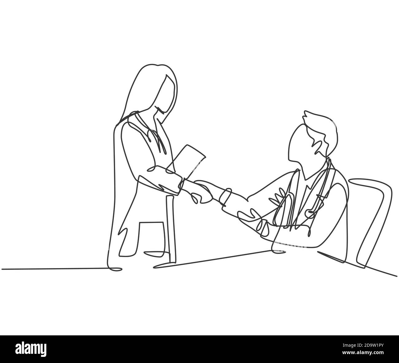 Continuous line drawing of young female doctor handshake with male ...