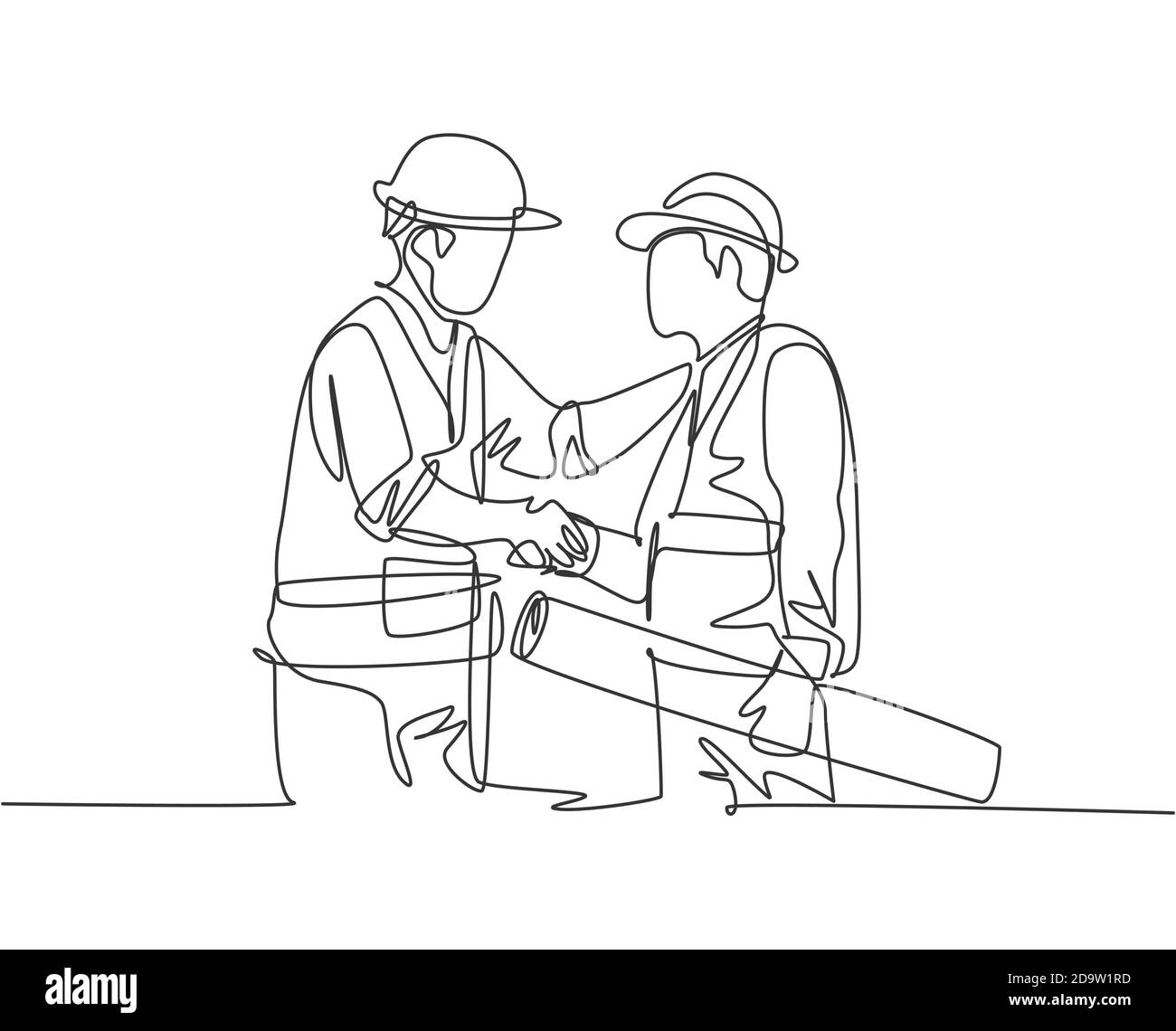 One line drawing of young architect holding on a roll paper and builder ...