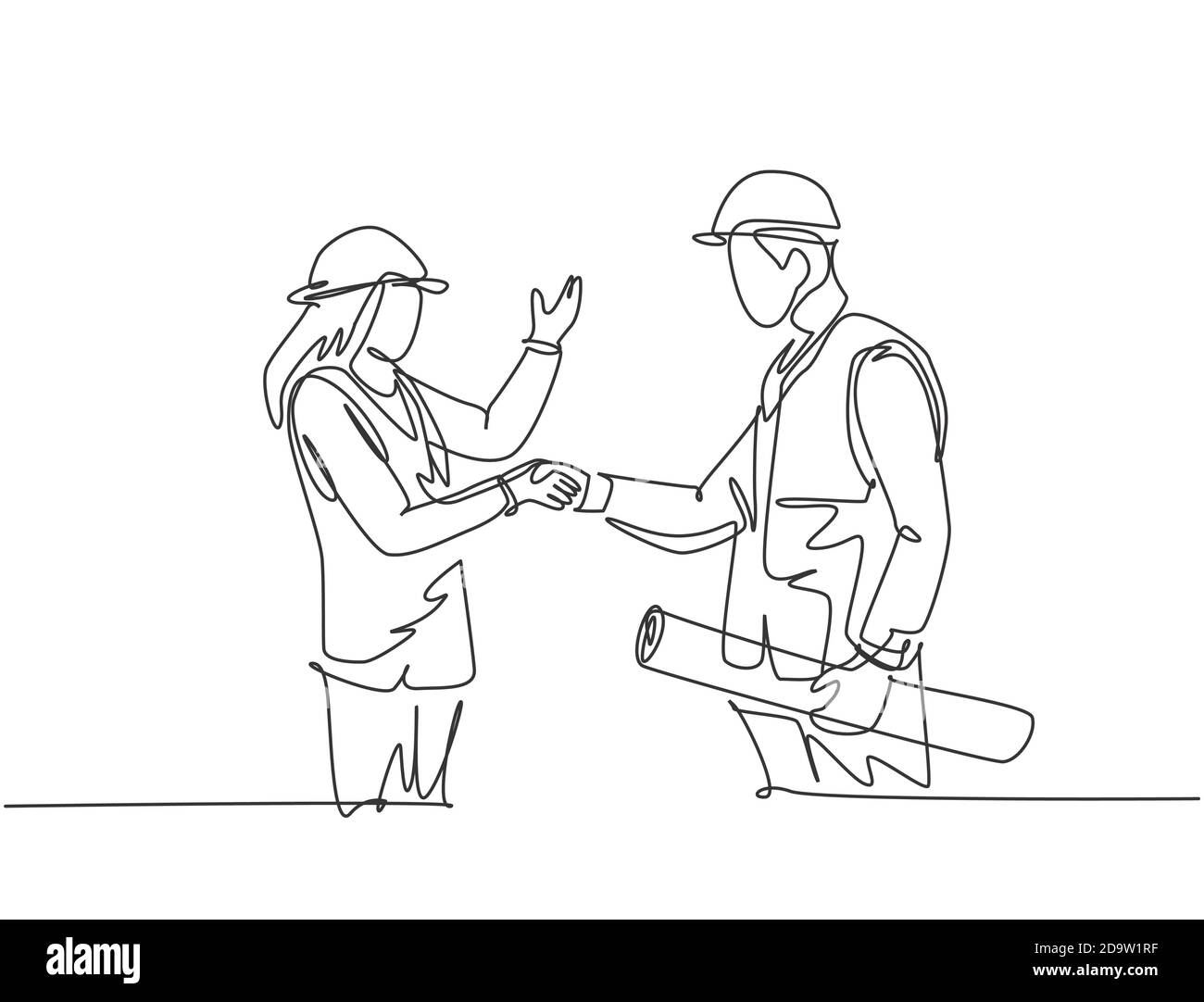 One line drawing of young architect woman and builder foreman wearing ...
