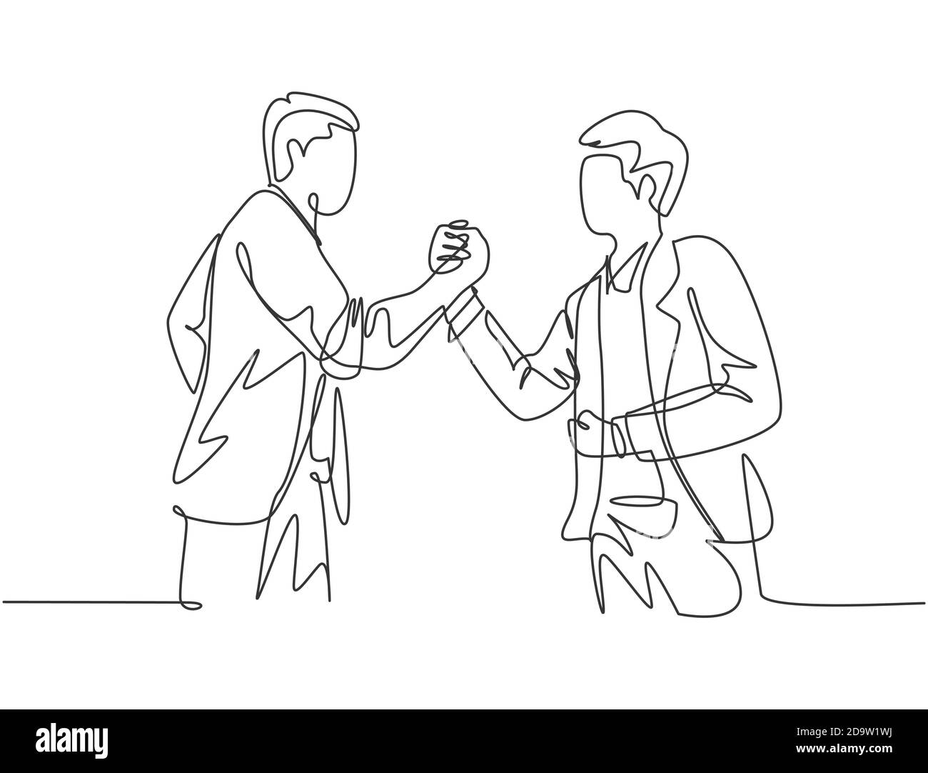Continuous line drawing of young business man handshake his colleague to deal a project ...