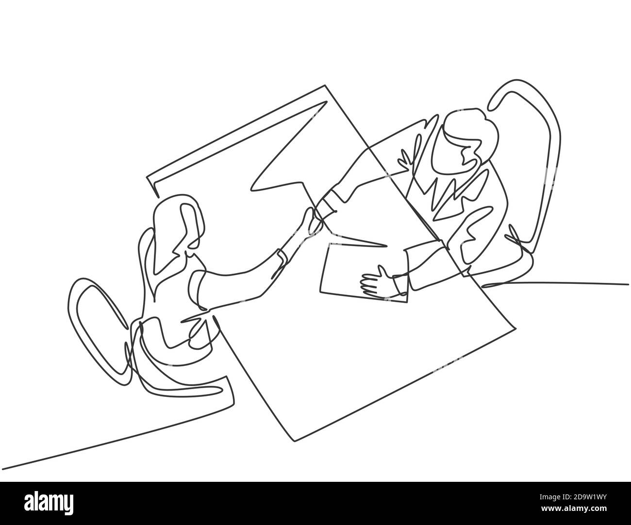 Continuous line drawing of young manager handshake his female worker to ...