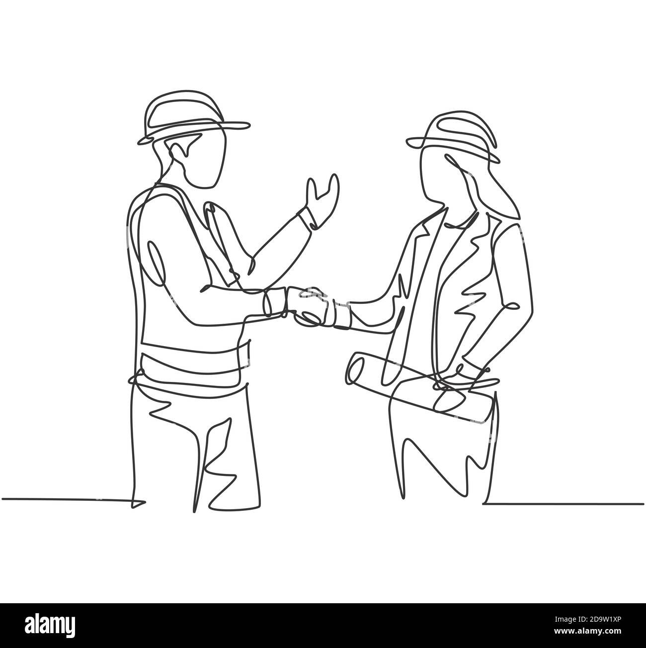 One line drawing young architect woman and builder foreman wearing ...