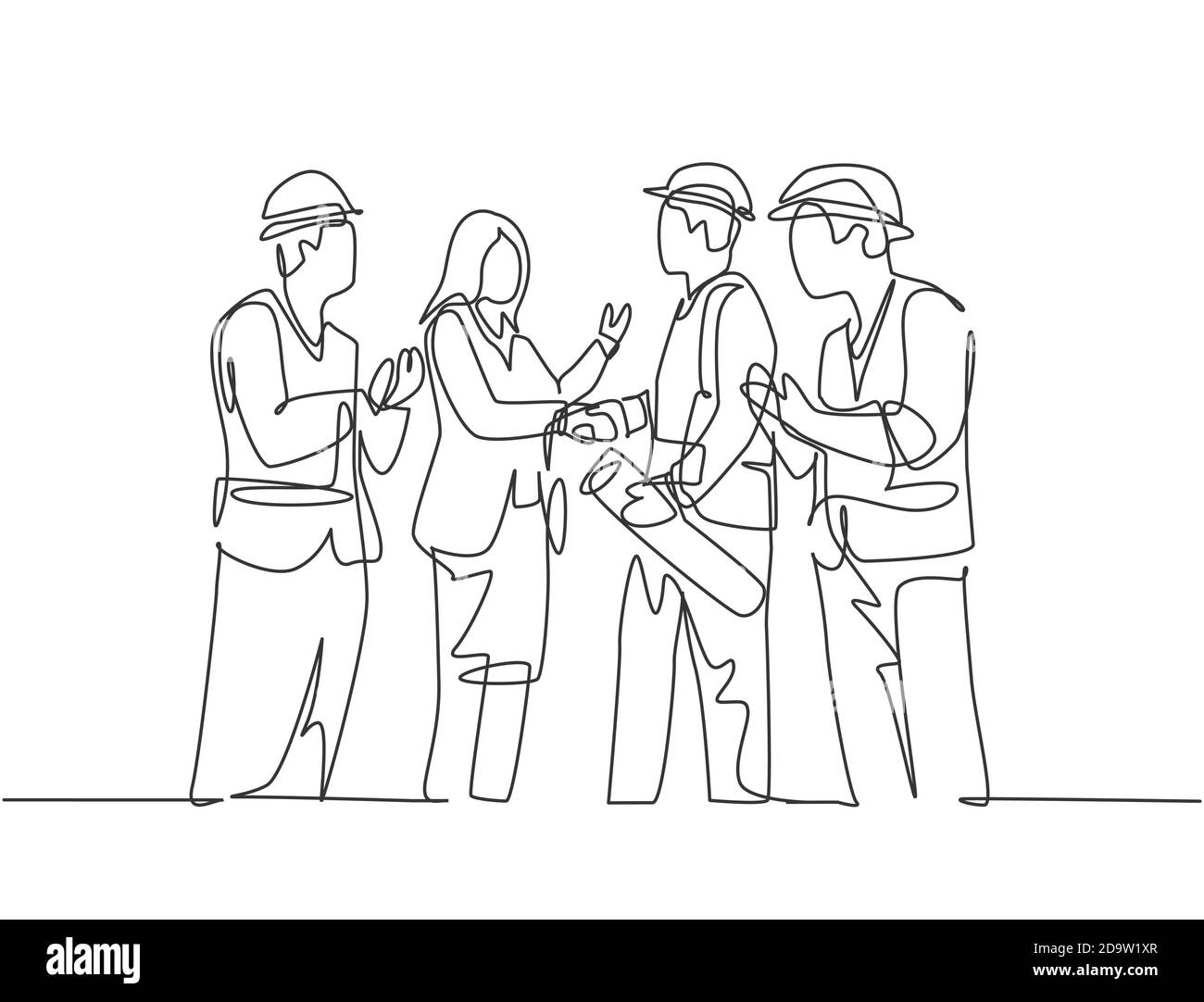 One line drawing of young business woman and architect builder wearing ...