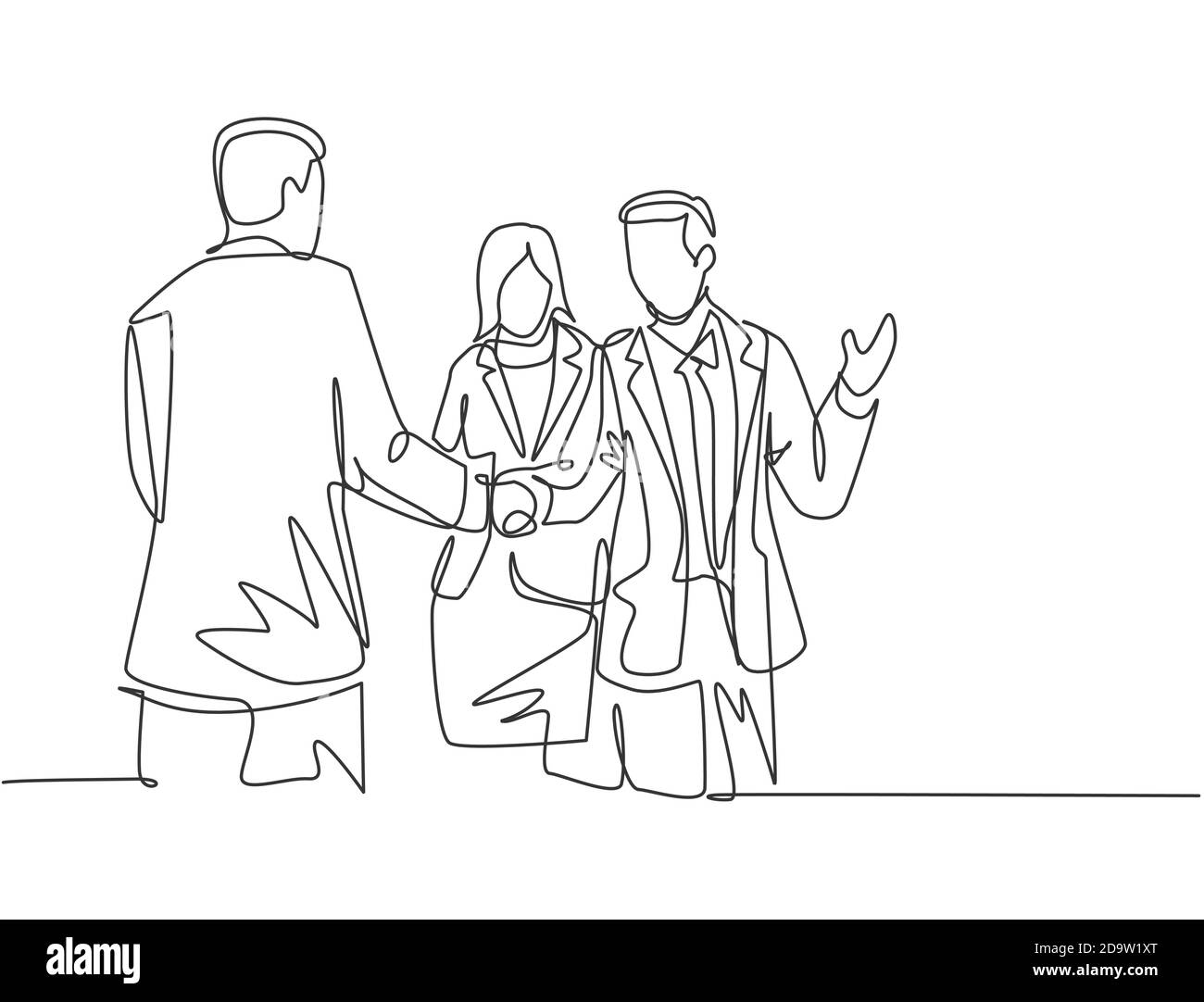 Continuous line drawing of business man handshake his colleague to deal ...