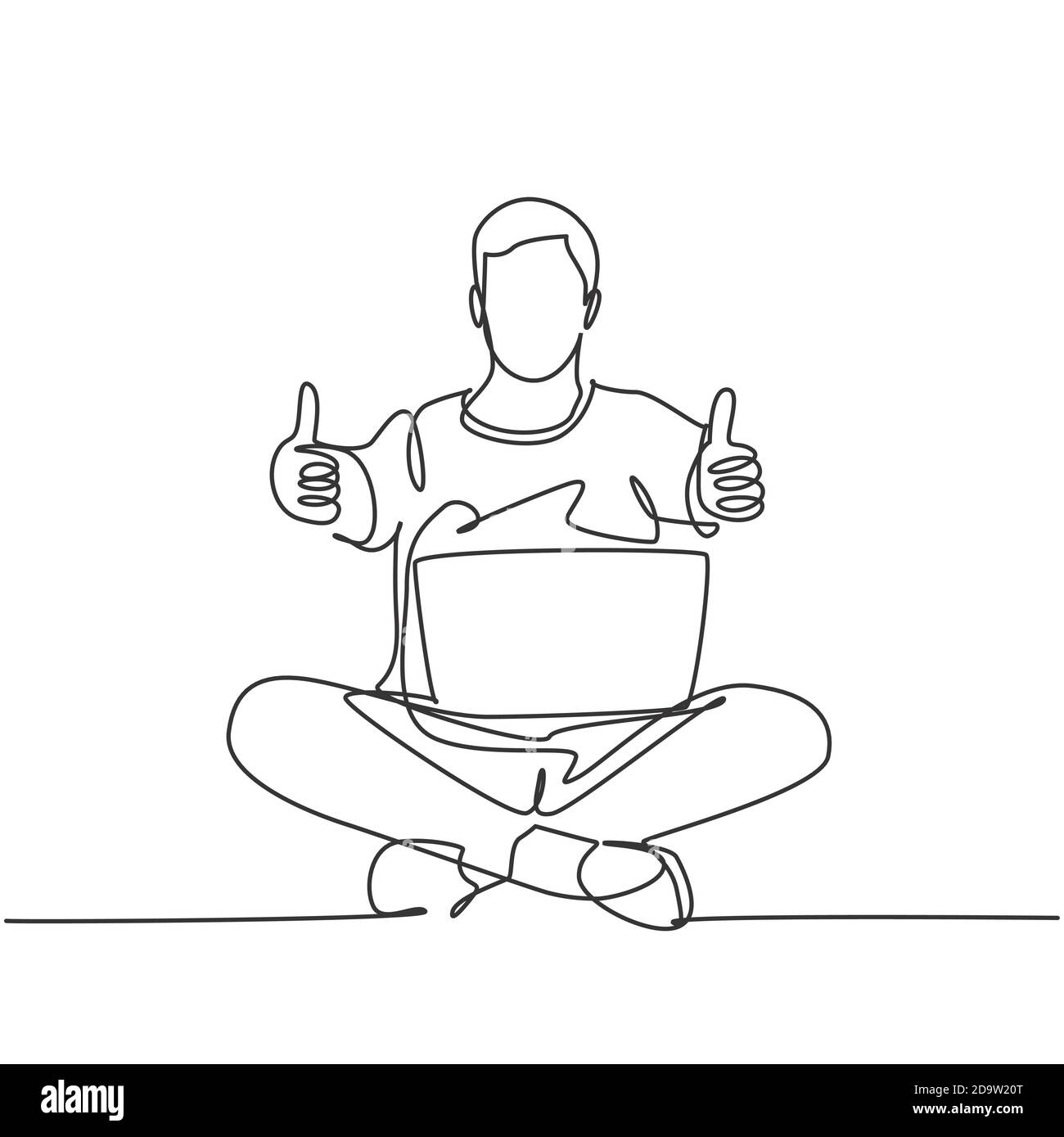 One line drawing of young happy male student sitting on the floor to ...