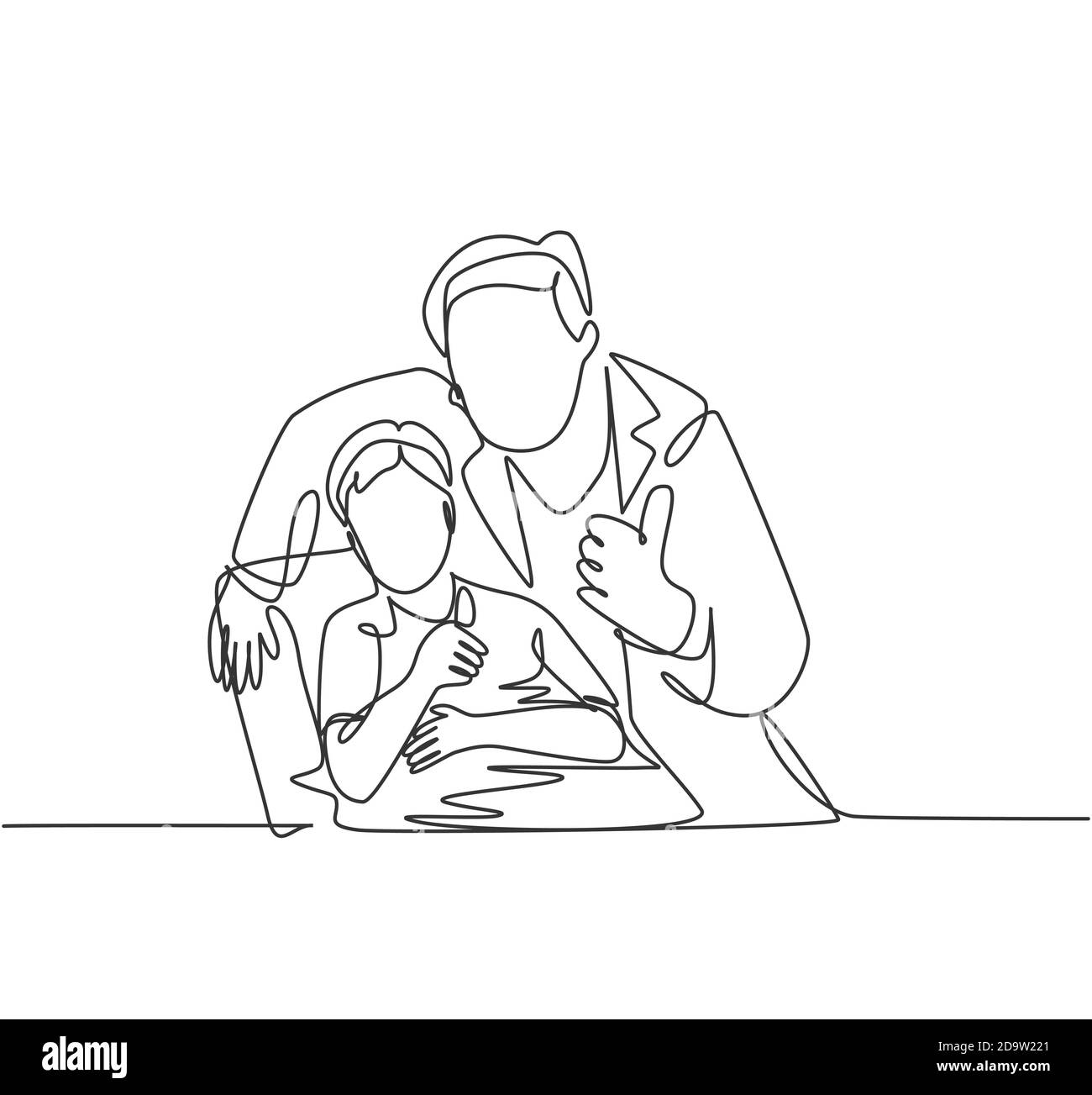 One line drawing young dentist man calming down his little boy patient ...