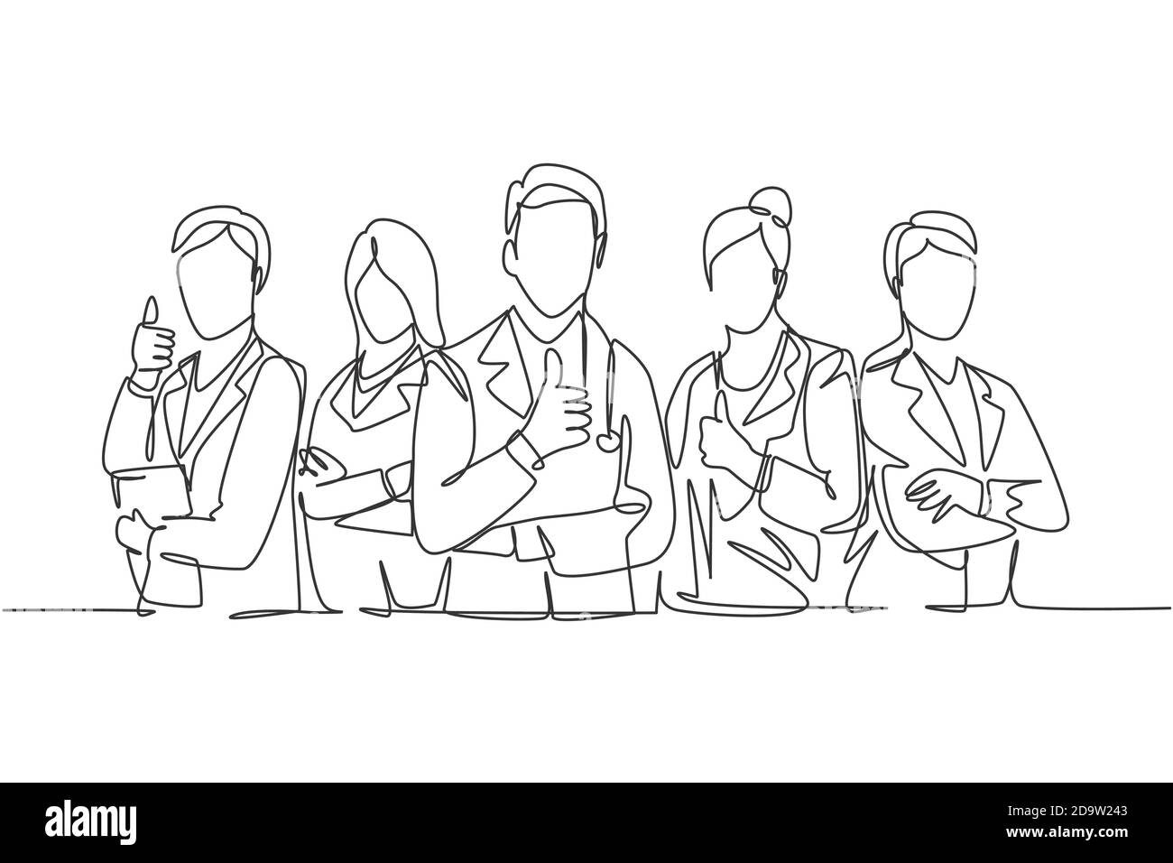 One line drawing of groups of young happy doctors giving thumbs up ...