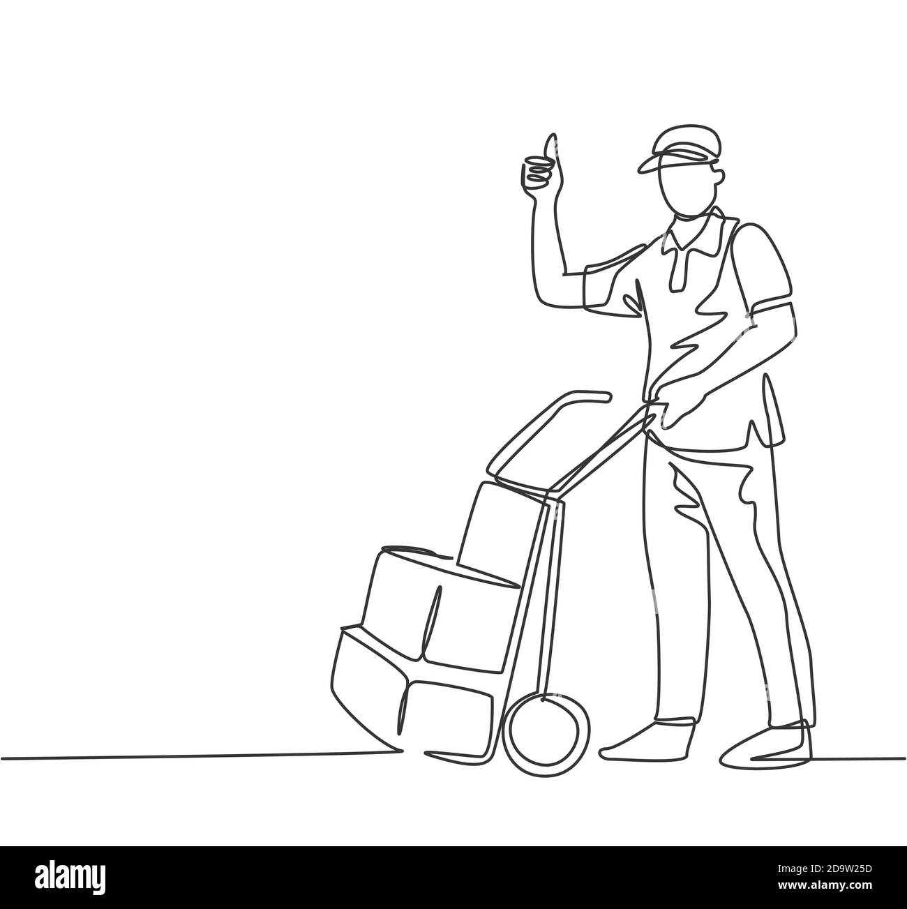 One line drawing of young delivery man gives thumbs up gesture while ...