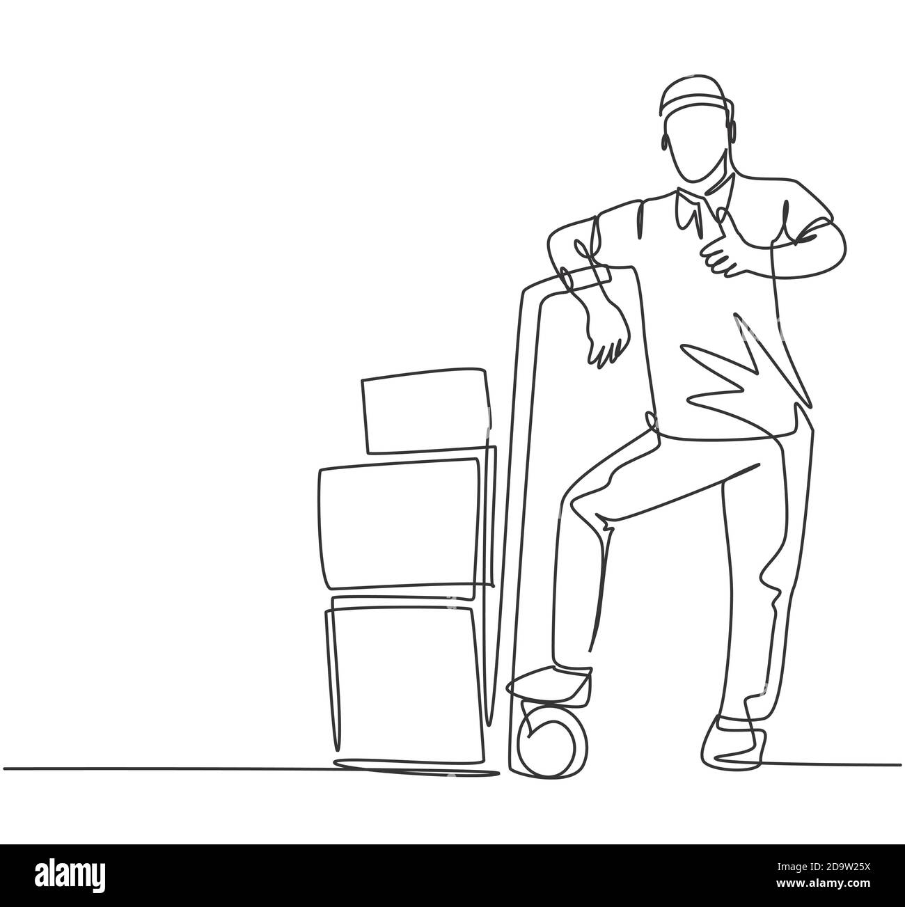 One line drawing of young delivery man gives thumbs up gesture while ...