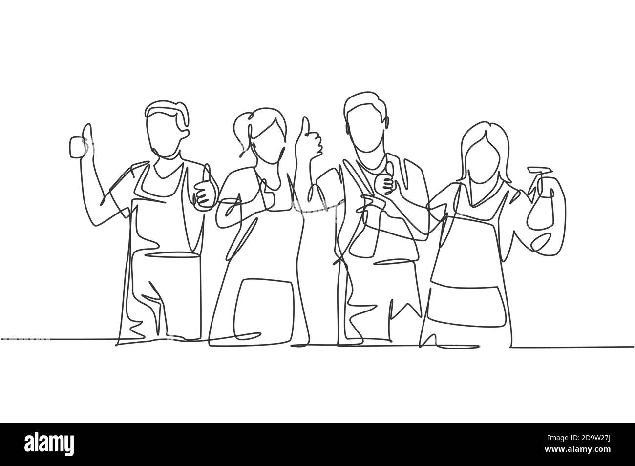 One line drawing of groups of group male and female janitor giving ...