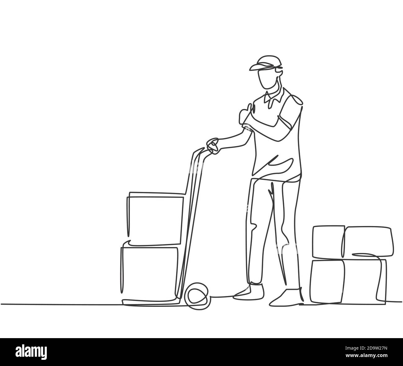 One line drawing of young delivery man gives thumbs up gesture while ...