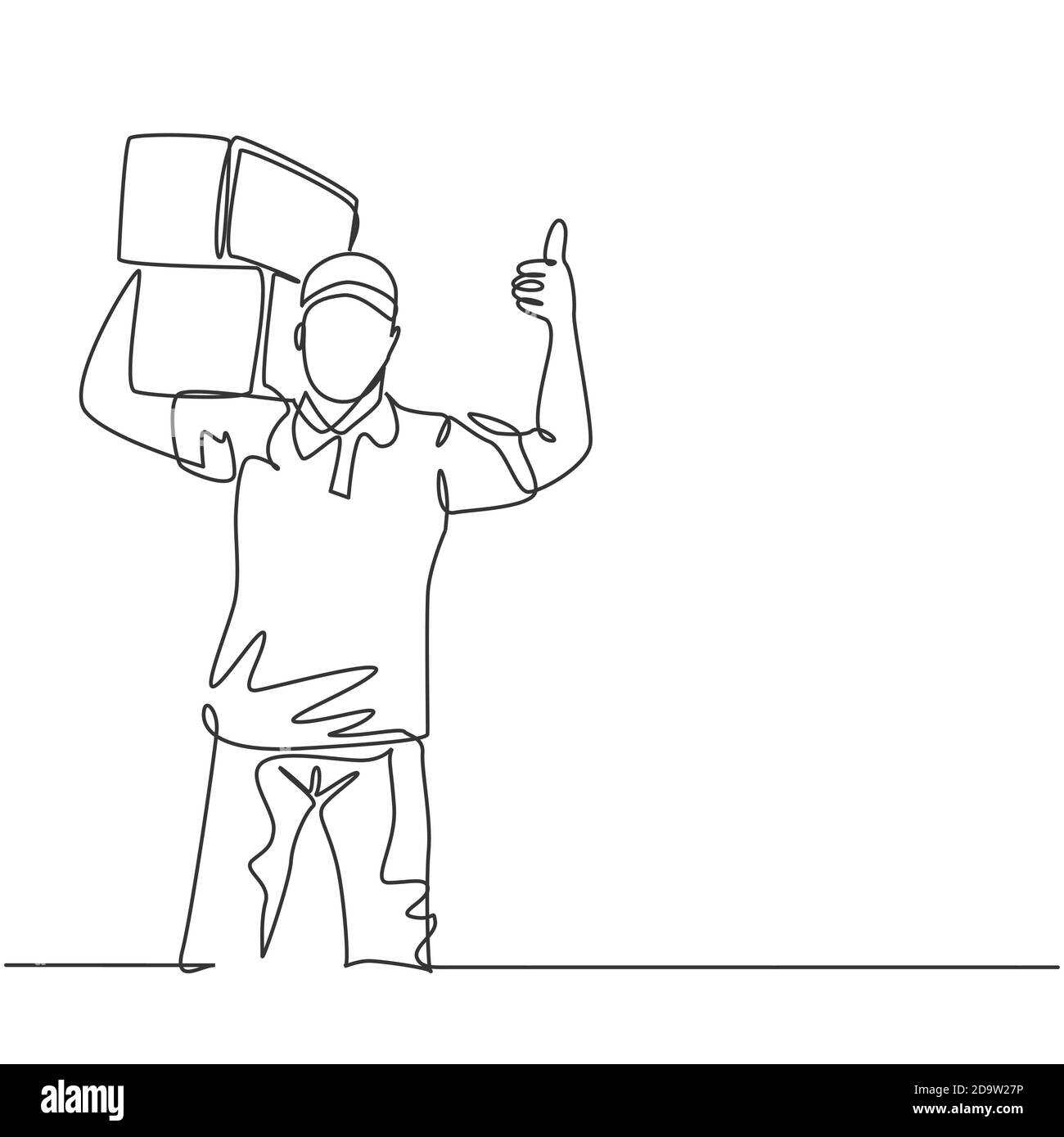 One line drawing of young happy delivery man gives thumbs up gesture ...