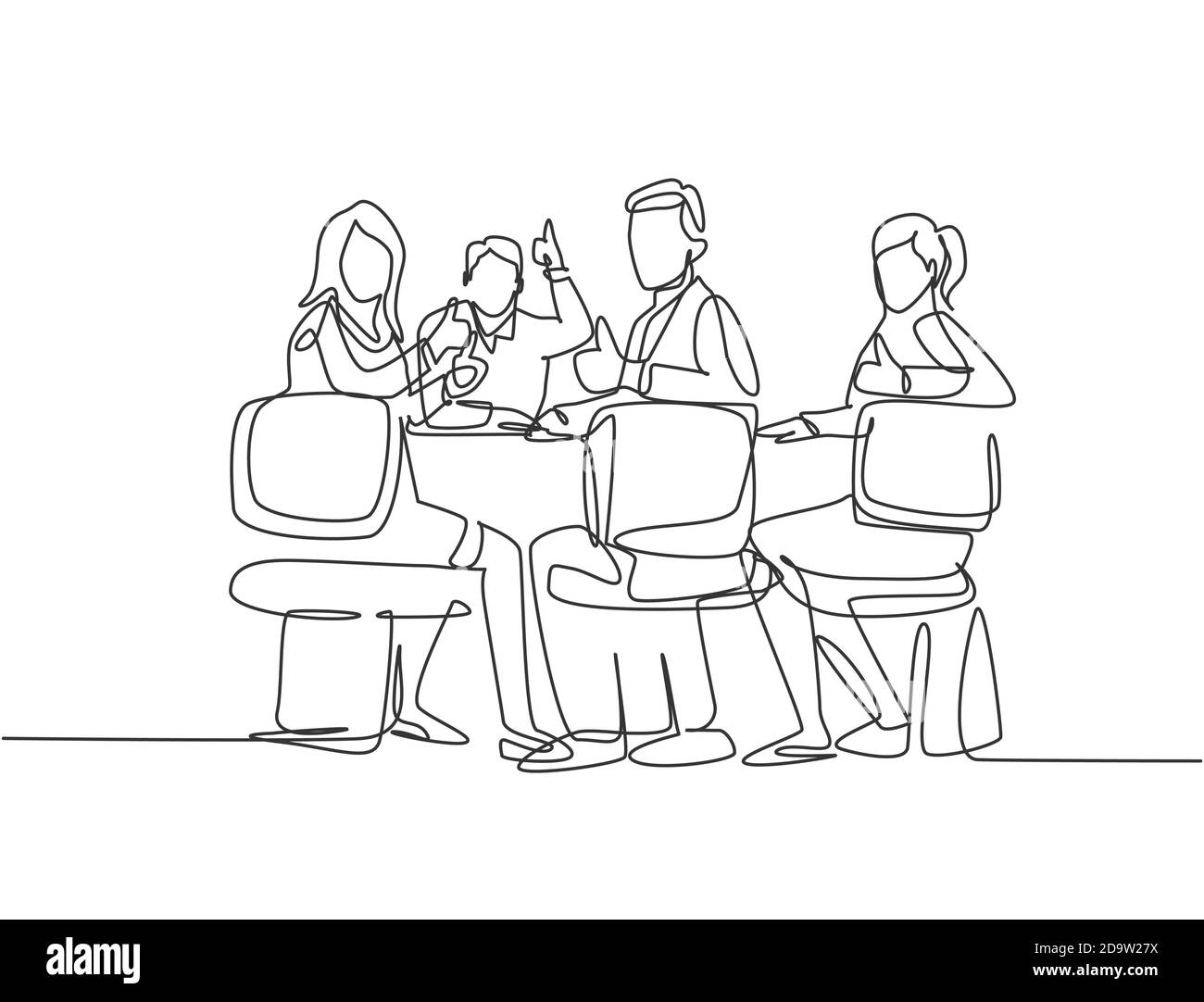One line drawing young happy businessmen and businesswoman meeting and ...