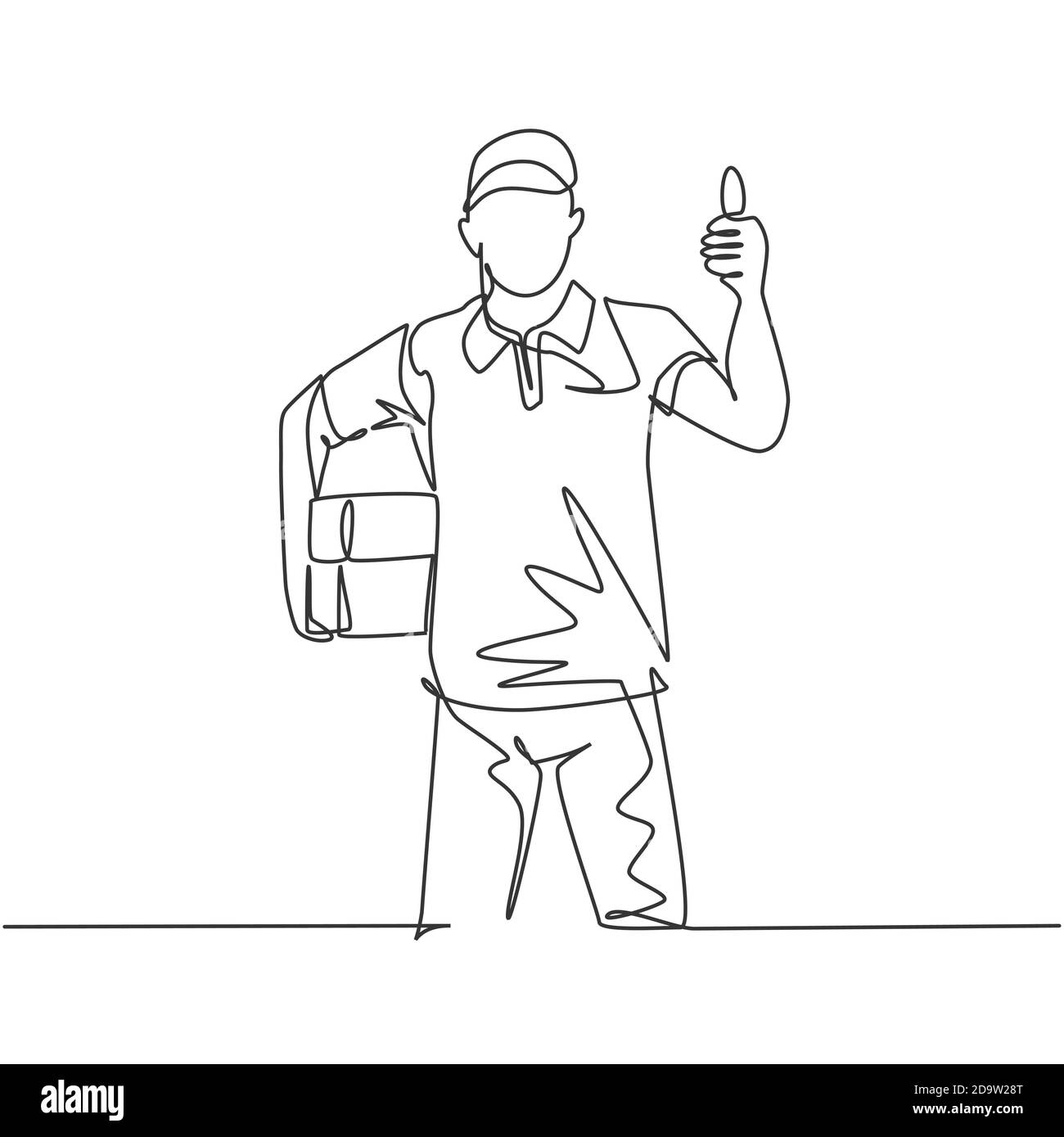 One line drawing young happy delivery man gives thumbs up gesture while ...