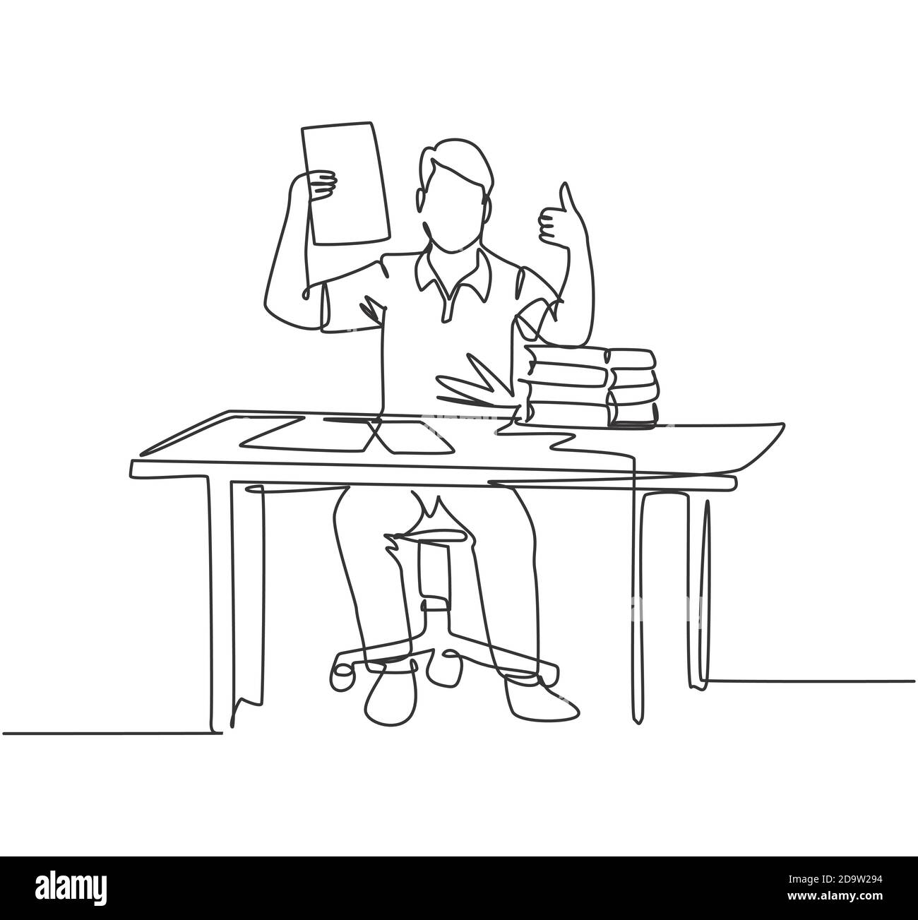 Single line drawing of young happy businessman shows a clipboard ...