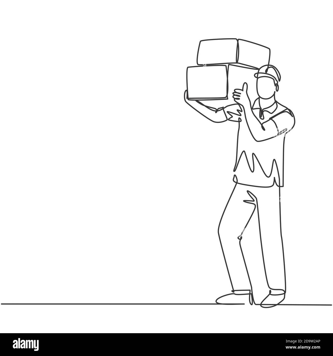 One line drawing of young happy delivery courier man gives thumbs up ...