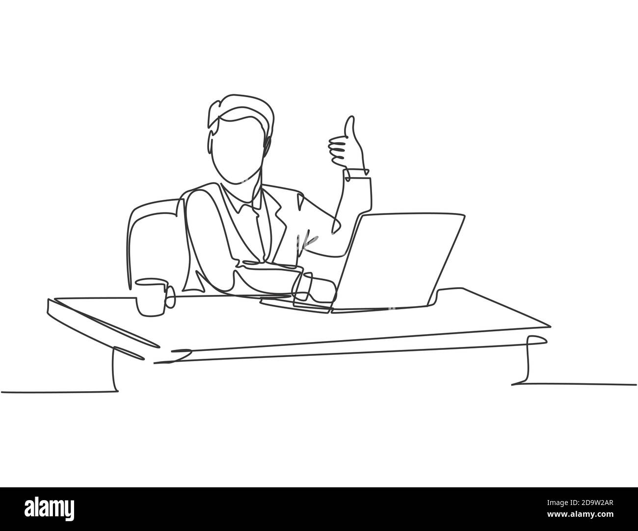 Single line drawing of young businessman sitting on chair in front of ...