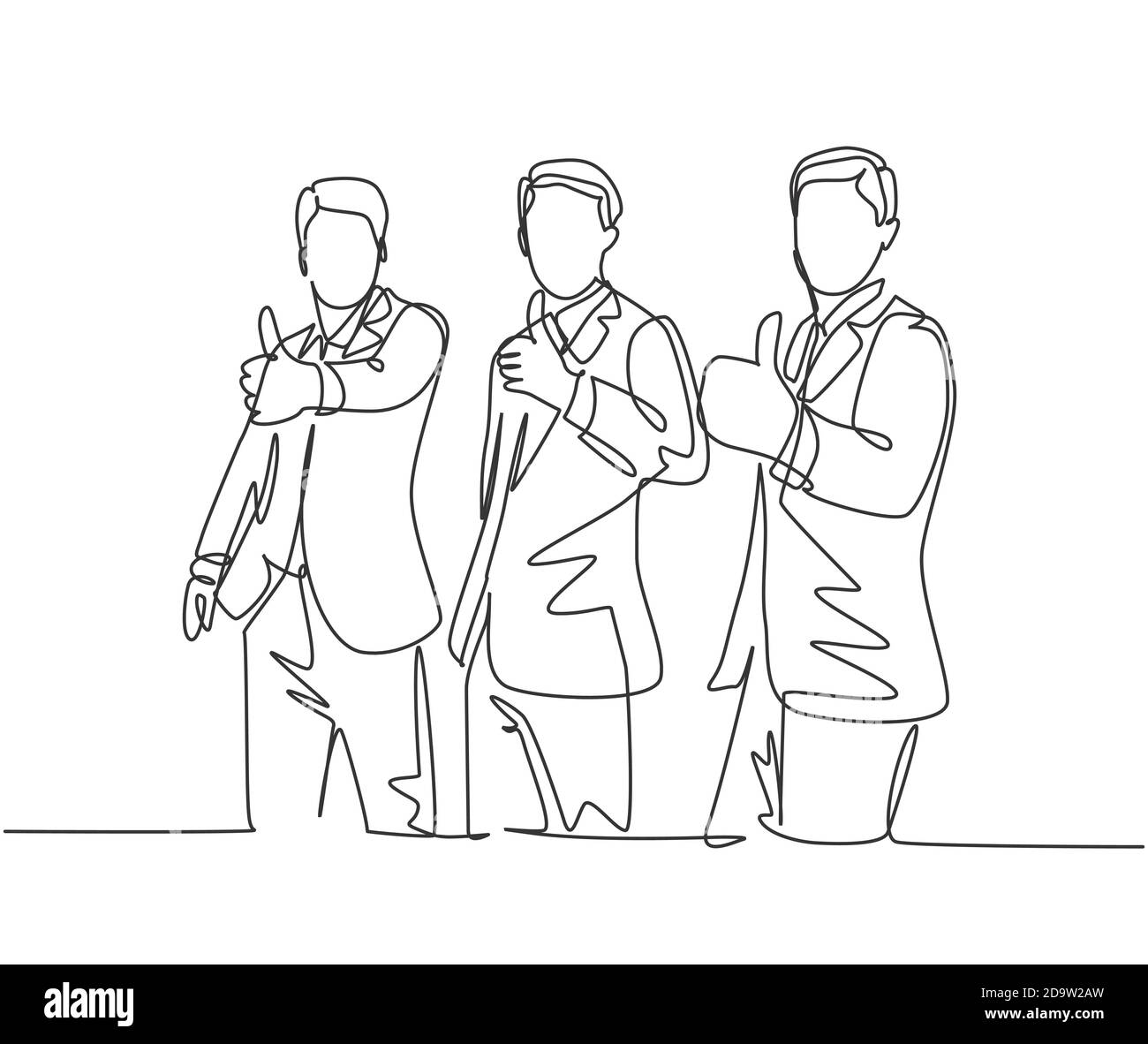 Single line drawing young happy businessmen wearing suit giving thumbs ...