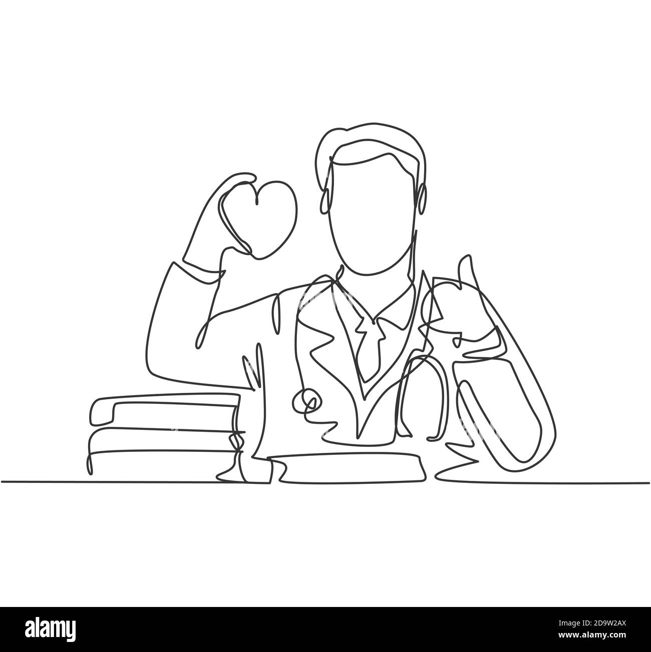 One line drawing of young happy male doctor holding heart replica on ...