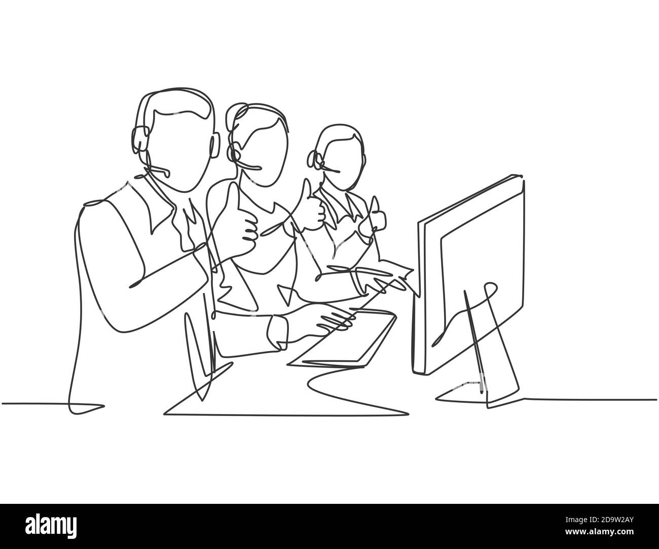 Single line drawing group of young male and female call center workers ...