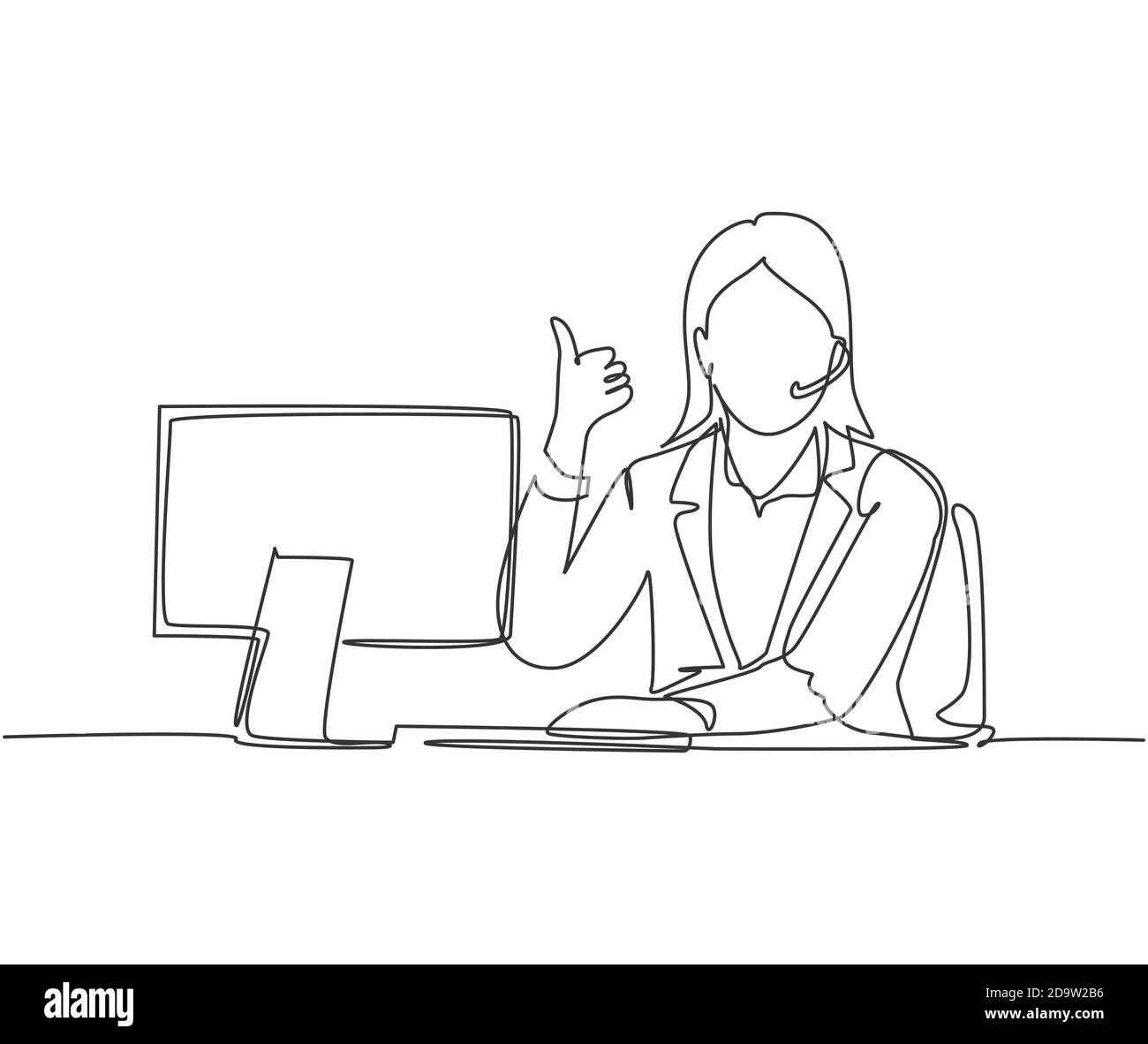 Single line drawing young female call center worker sitting in front of ...