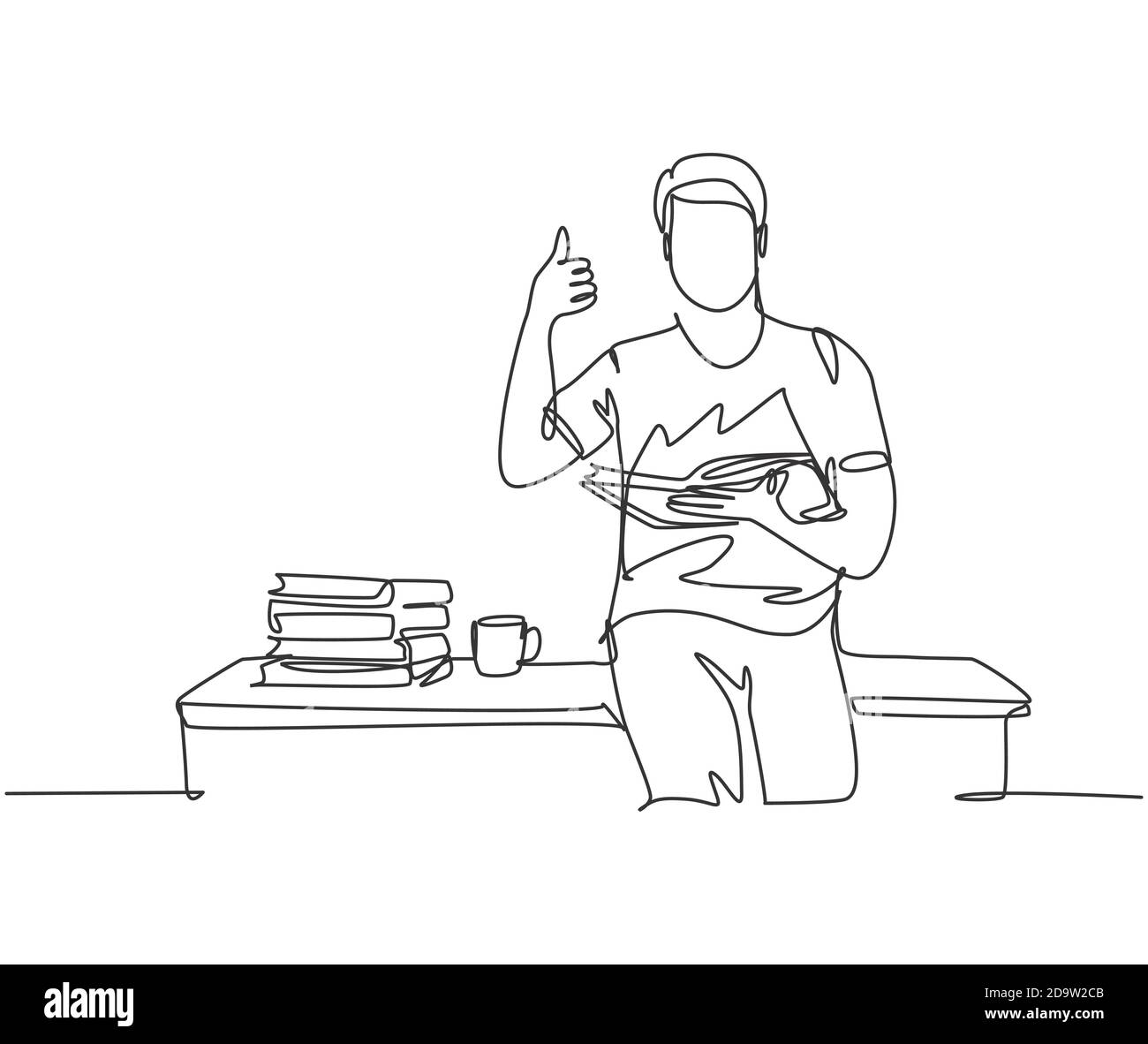 Single line drawing of young happy male college student sitting on the ...