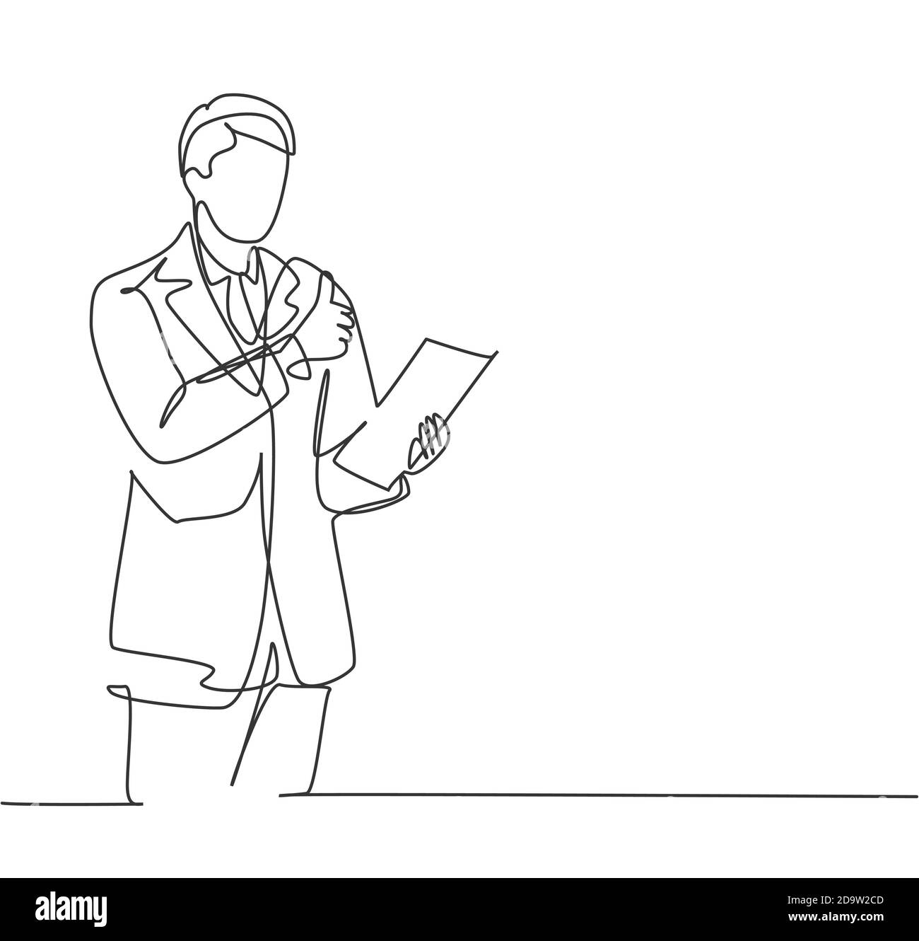 Single line drawing business man standing up while holding a paper and ...