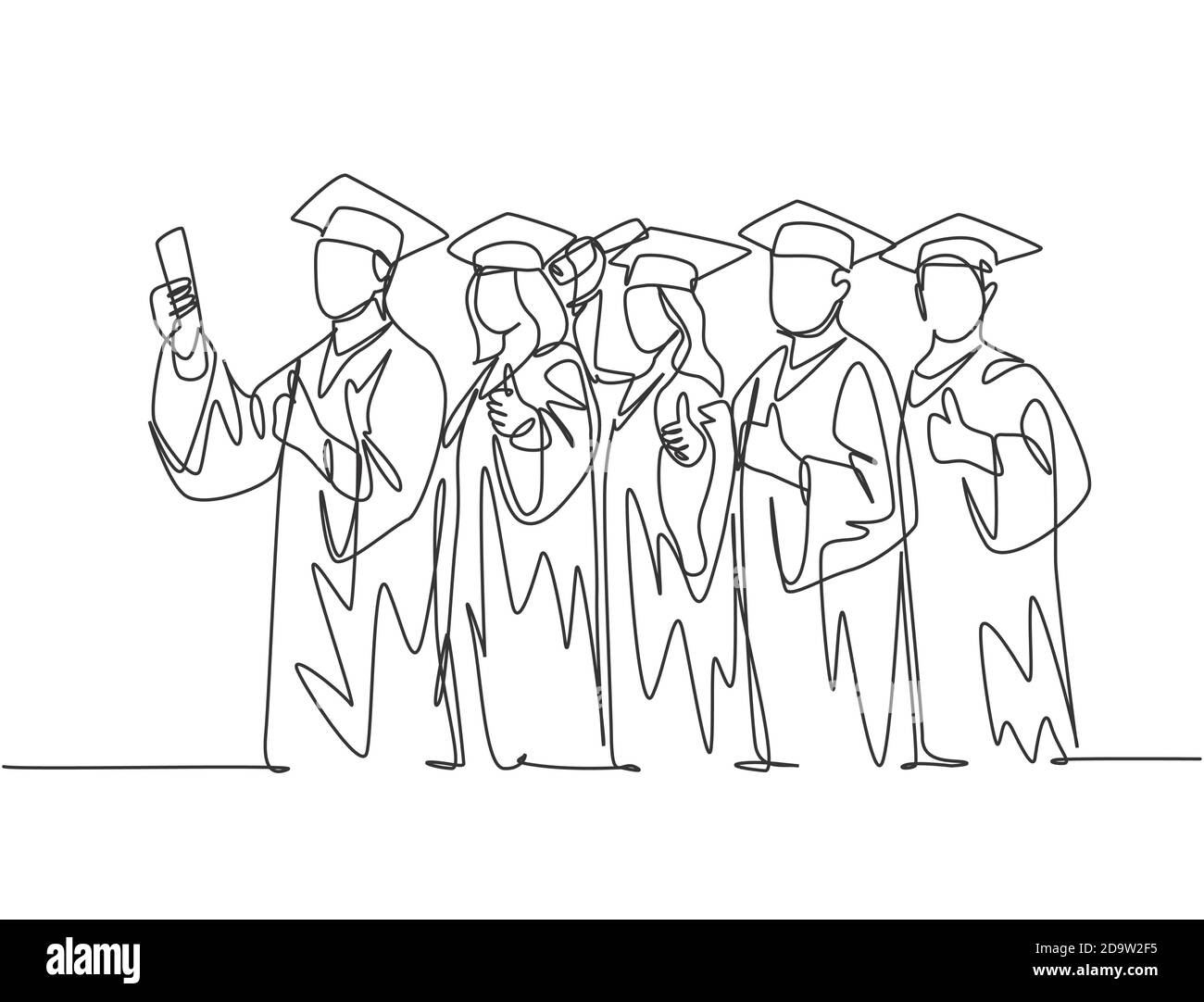 One line drawing group of young happy graduate male and female college ...
