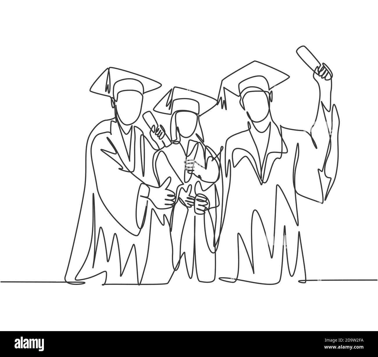One line drawing group of young happy graduate male and female college ...